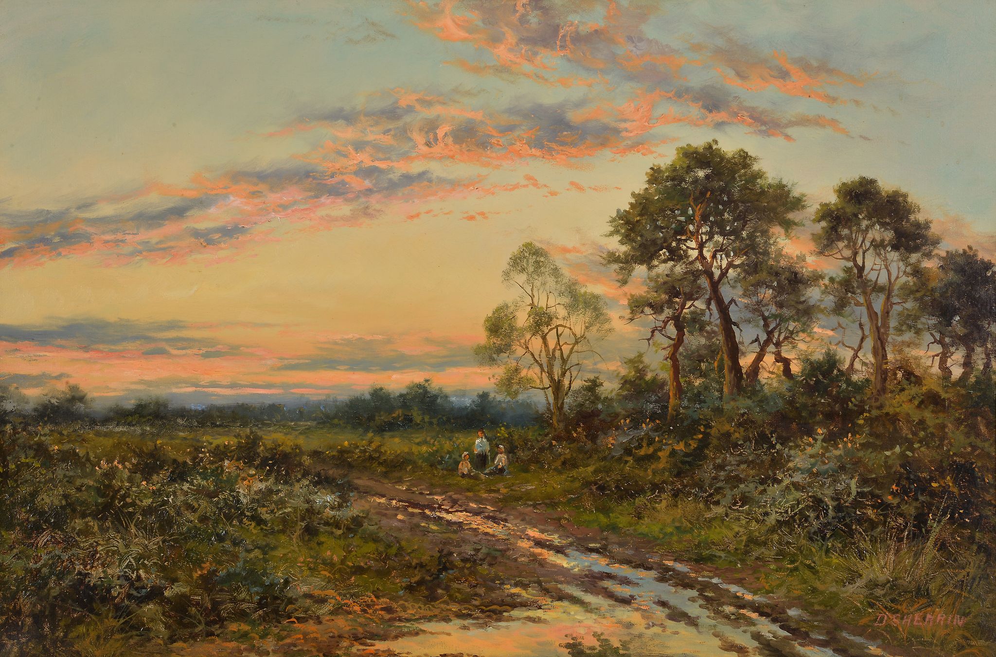Daniel Sherrin (British 1869 - 1940) - Figures on a path at sunset Oil ...