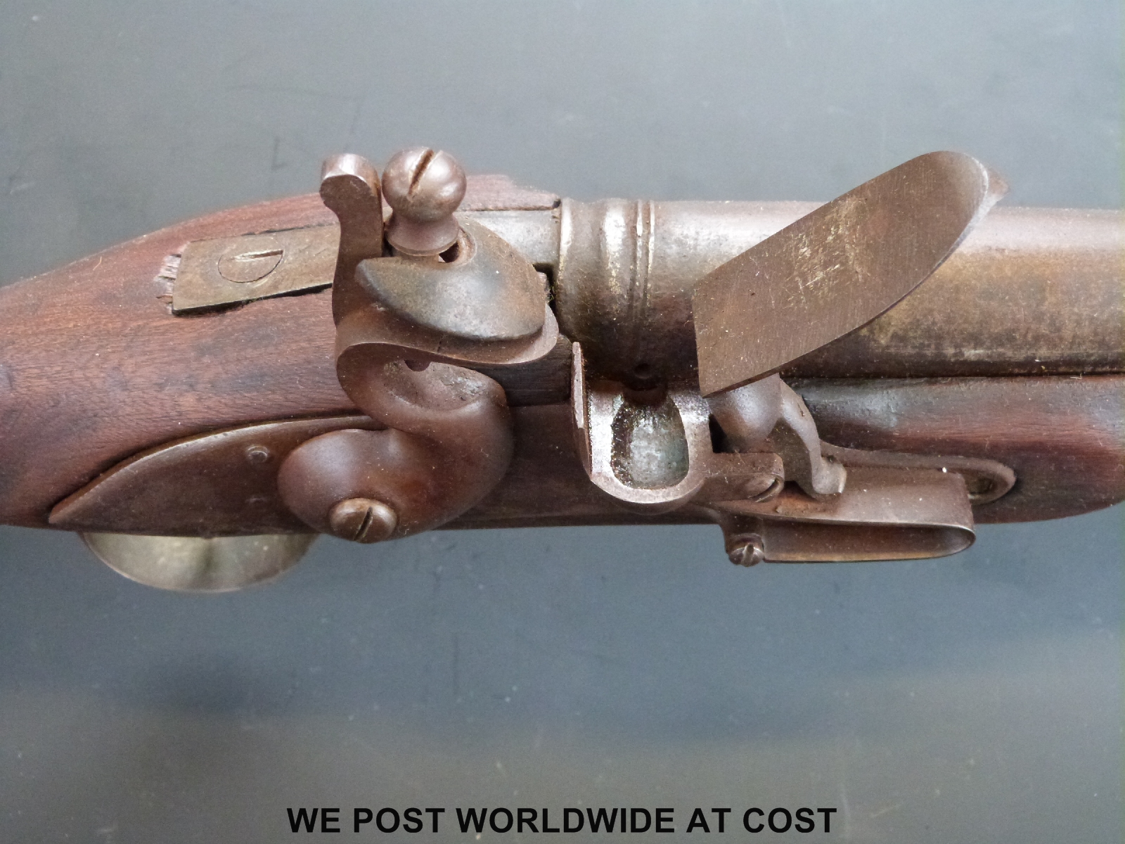 Brown Bess type hammer action flintlock gun with brass butt plate and ...