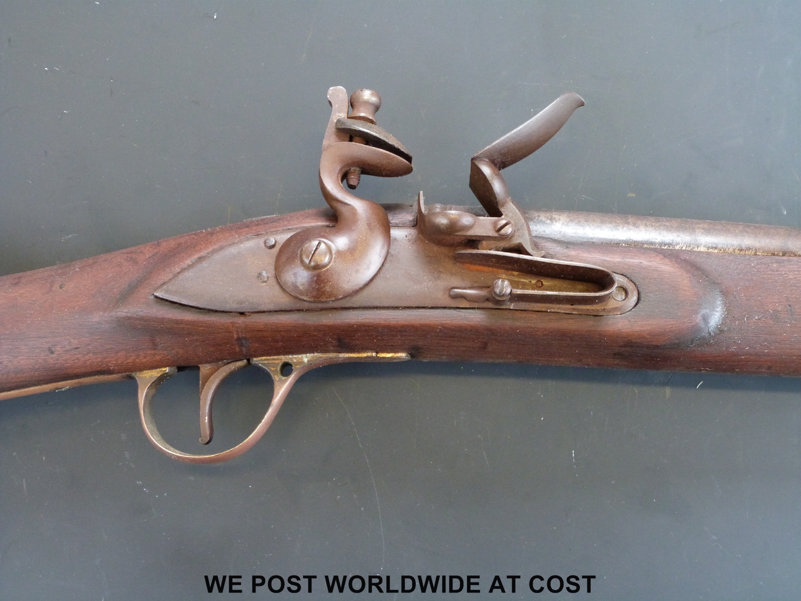 Brown Bess type hammer action flintlock gun with brass butt plate and ...