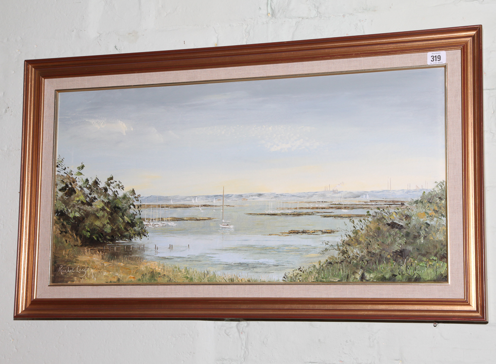 Rachel Long contemporary oil on canvas, boats moored at Lymington with ...