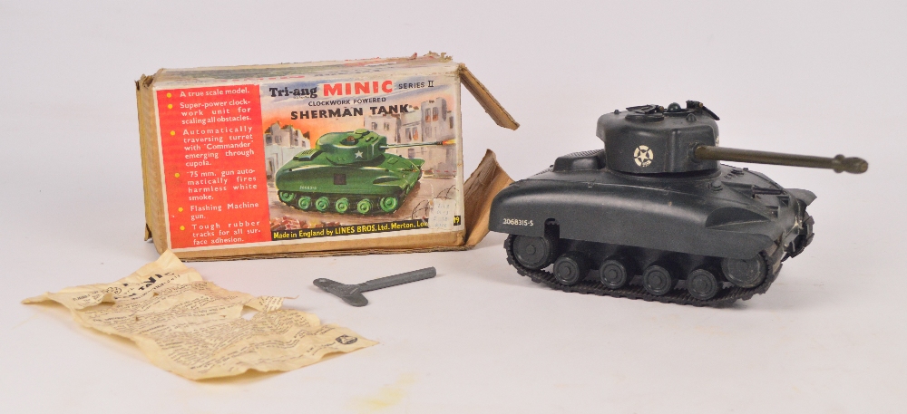 A boxed Tri-ang Minic Series II Clockwork Powered Sherman tank.