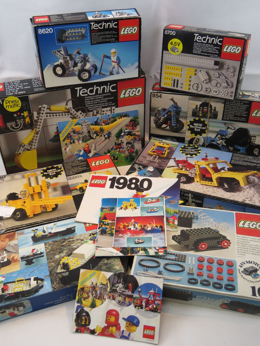 A collection of late 1970s to 1980s retro technical Lego sets, all with ...