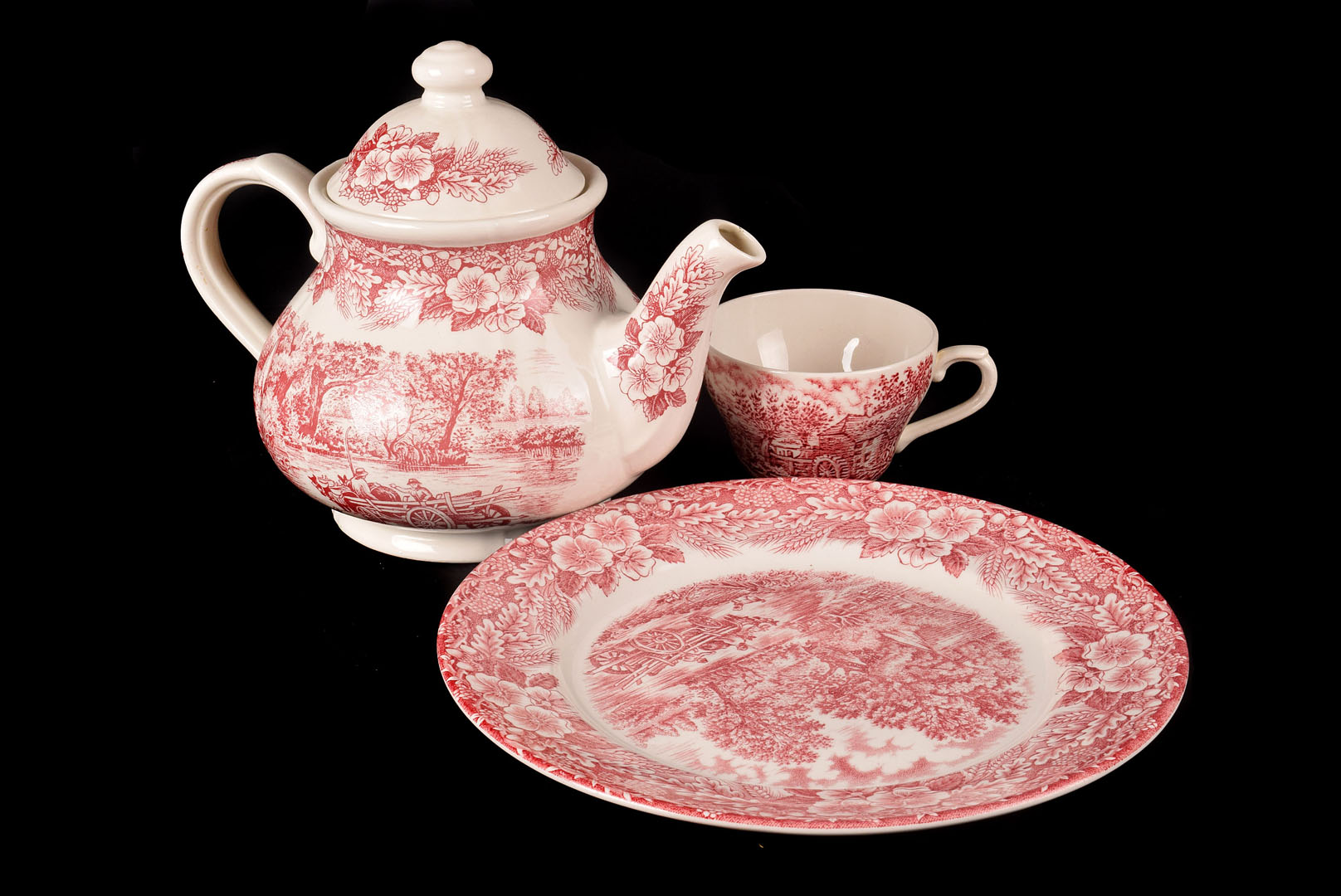 A Broadhurst Ironstone pottery part dinner and tea service, in pink ...