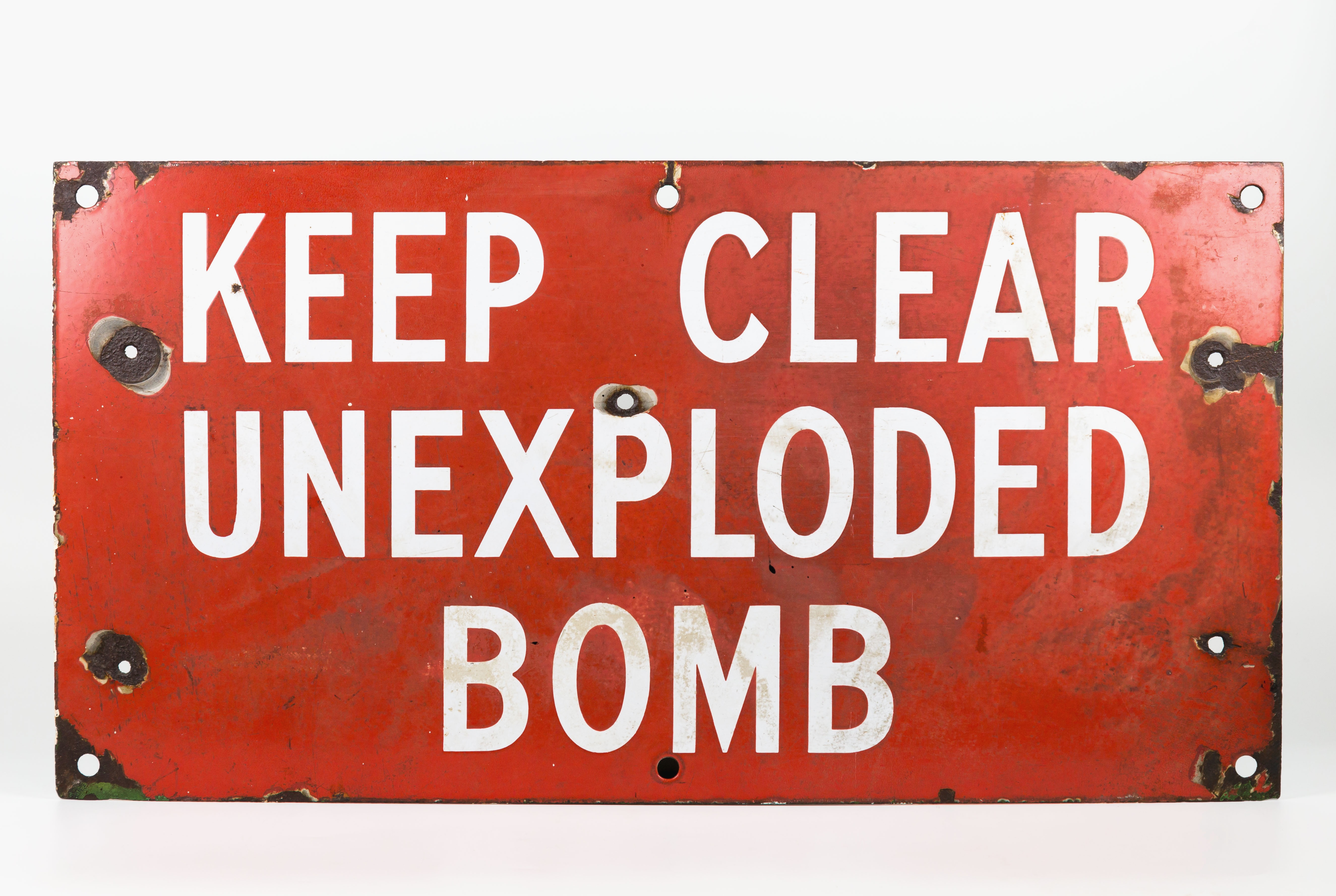 An original WW2 enamel UXB unexploded bomb sign, KEEP CLEAR UNEXPLODED ...