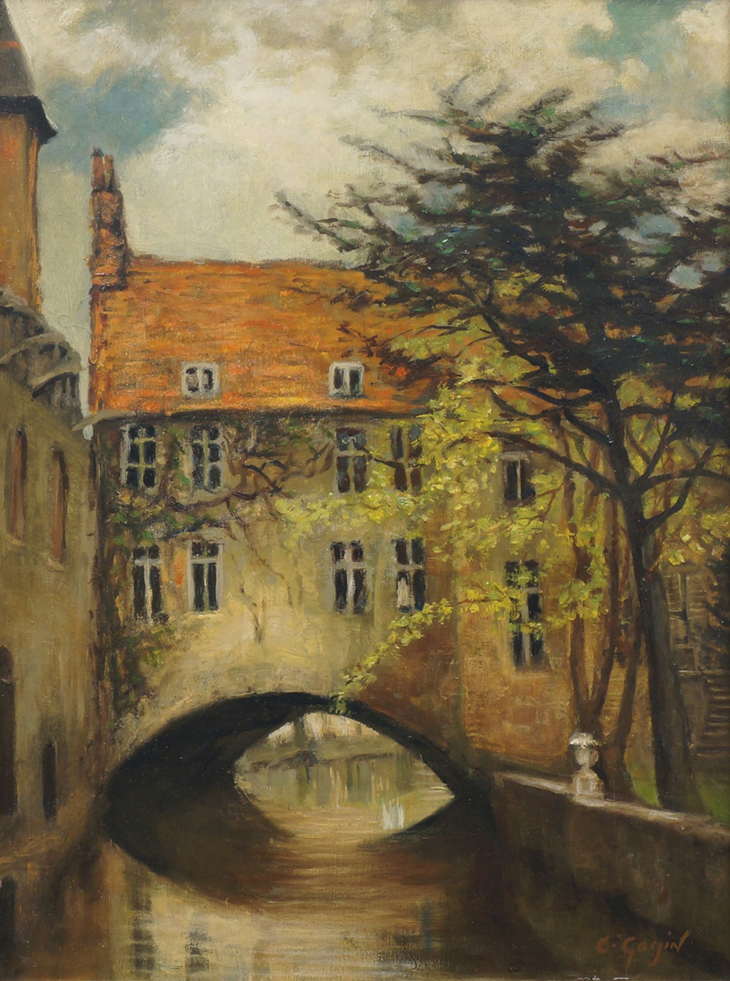 Charles Gogin, British 1844-1931- Canal scene; oil on board, signed, 39 ...