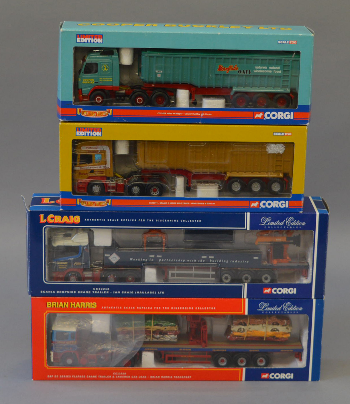 Four boxed Corgi 1:50 scale trucks, CC12218, CC13711, CC12429 all with ...