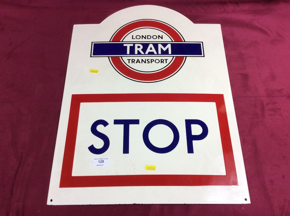 An enamel London Tram Stop sign, 24" x 17.5" We have recieved a number ...