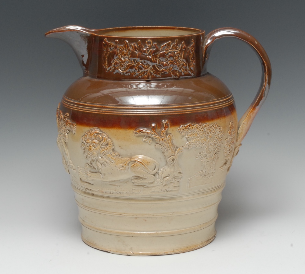 A 19th century Brampton brown salt glazed pottery jug, in relief with ...