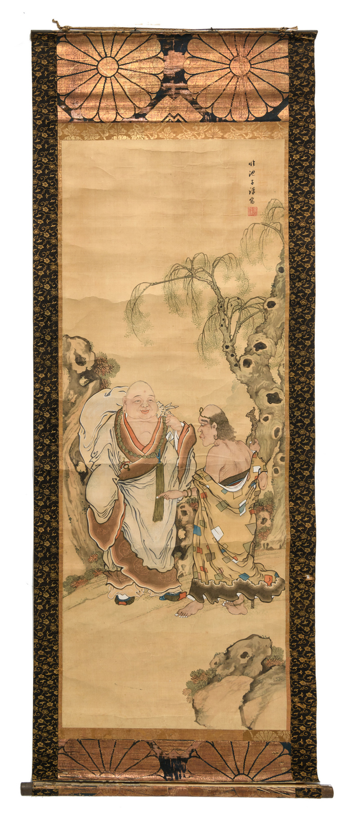 Three Chinese scrolls, watercolour on textile, depicting enlightened ...