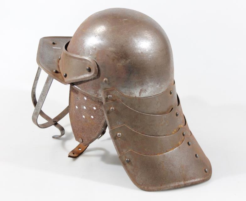 A 17thC style metal lobster pot type helmet, with articulated front ...