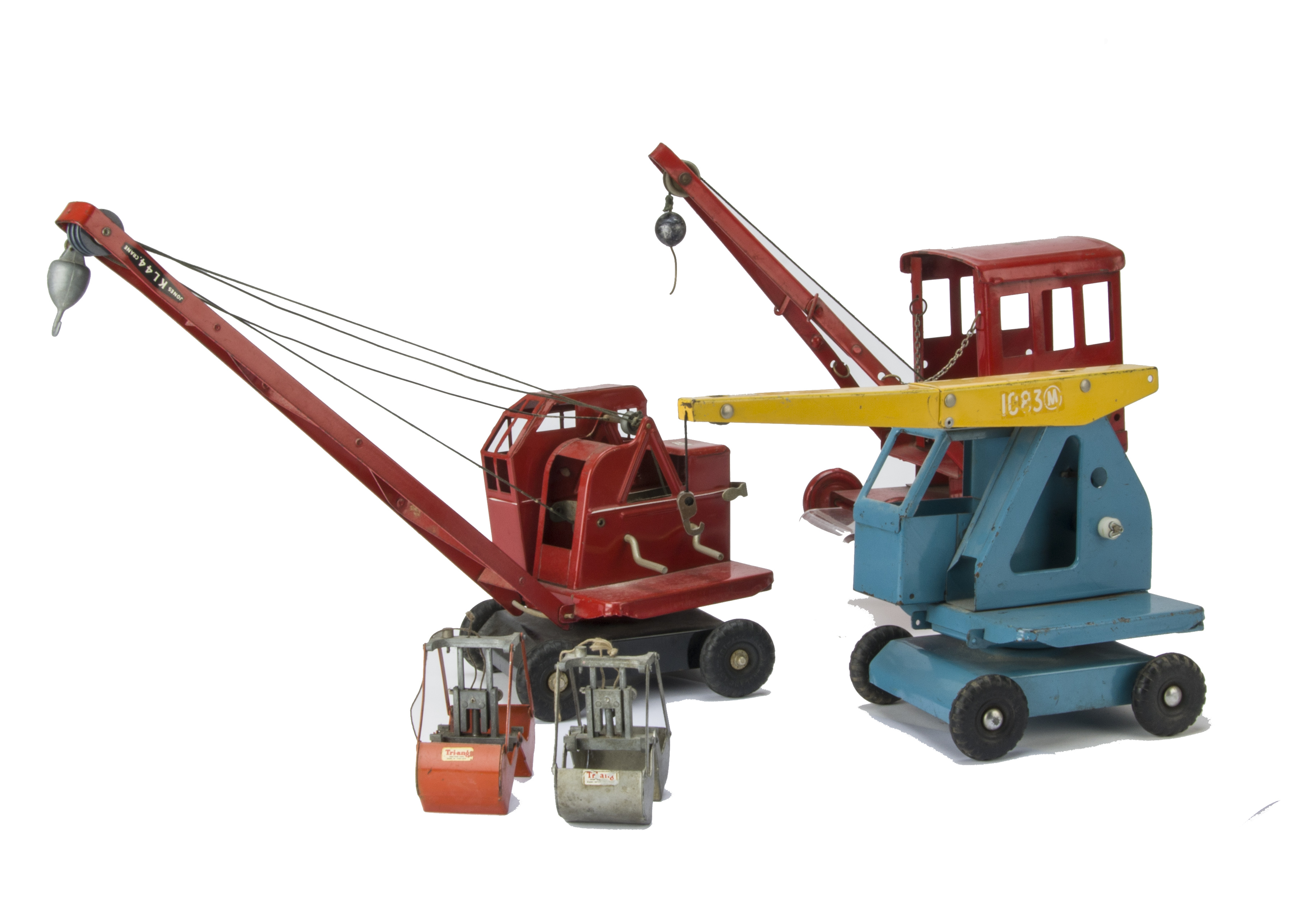 Three Tri-ang steel Cranes, blue and yellow RAF Mobile Jib Crane with ...