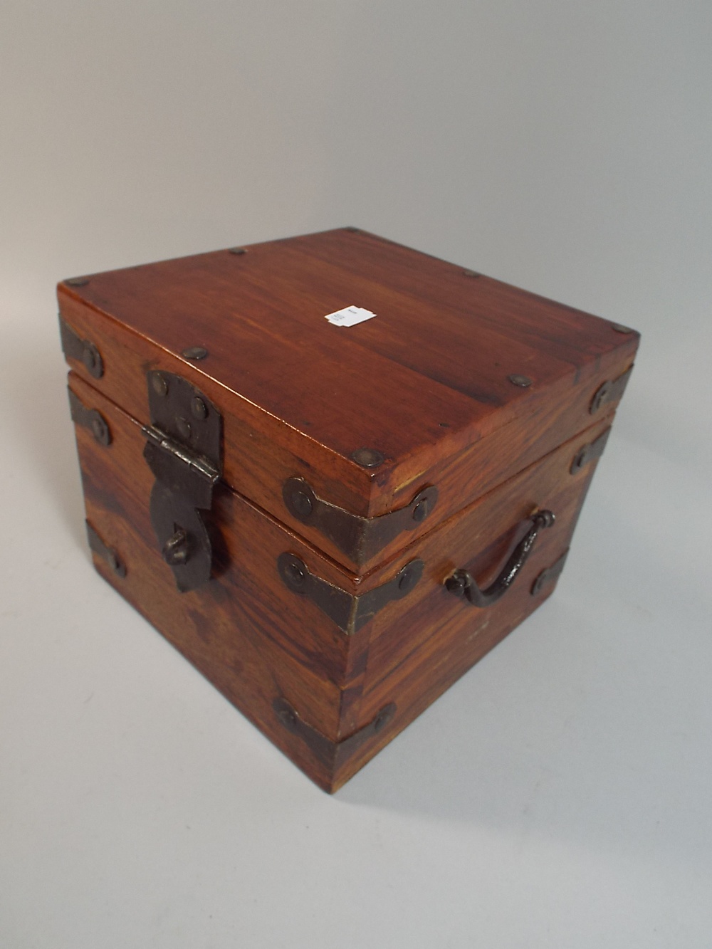 A Iron Bound Wooden Box with Two Carrying Handles, 20cm Square