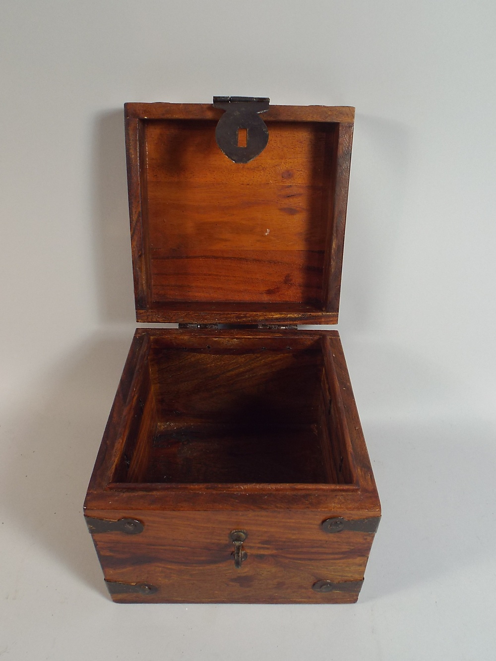 A Iron Bound Wooden Box with Two Carrying Handles, 20cm Square