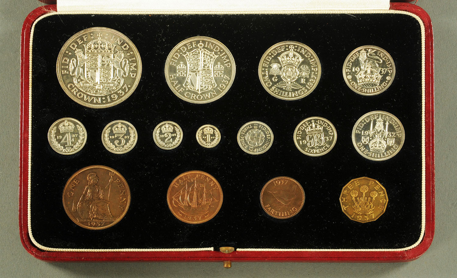George V 1937 fifteen coin specimen set, issued by The Royal Mint, in original maroon leather and