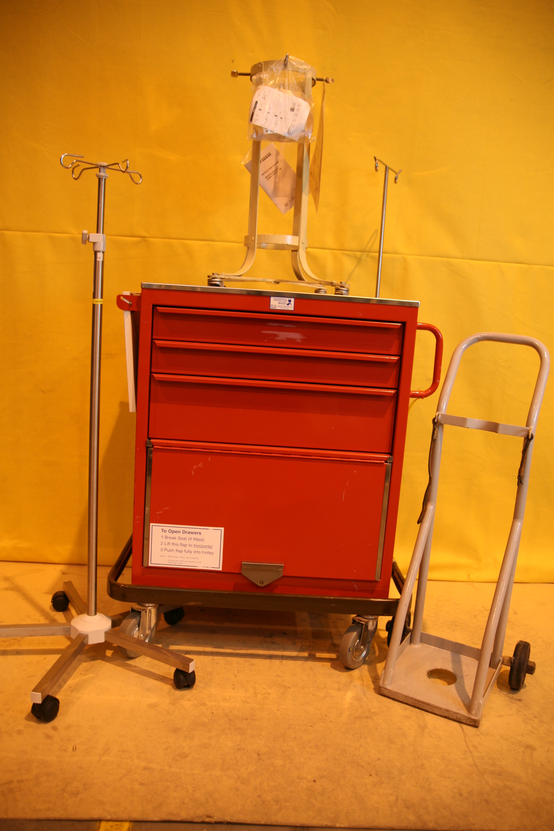 Bristol Maid Emergency Trolley, 2x Cylinder Stands And 1x Drip Stand ...