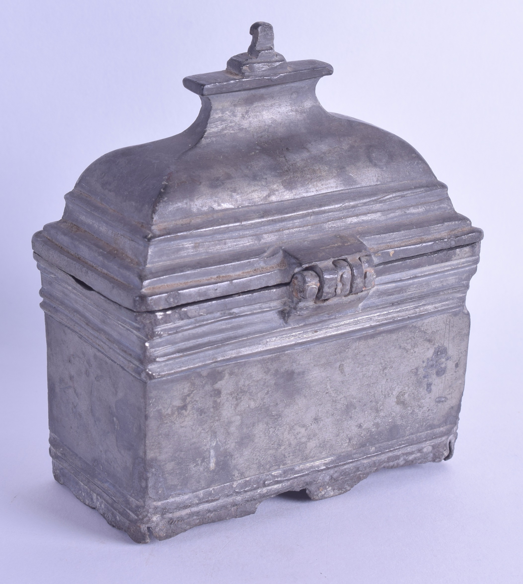 A 17TH/18TH CENTURY PEWTER BAPTISM HOLY WATER CASKET with two original ...