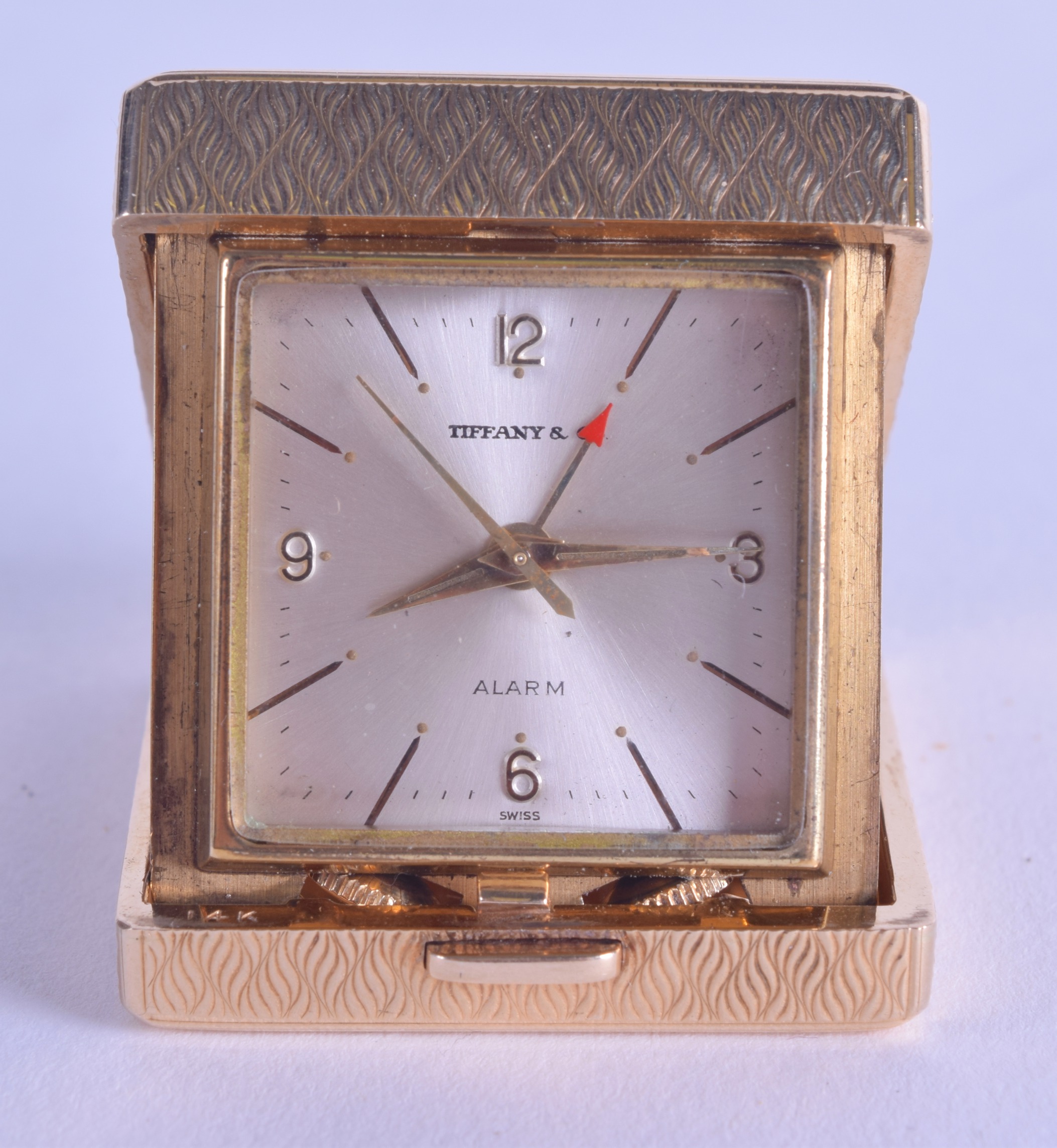A RARE 14CT GOLD TIFFANY & CO TRAVELLING CLOCK with square form dial ...
