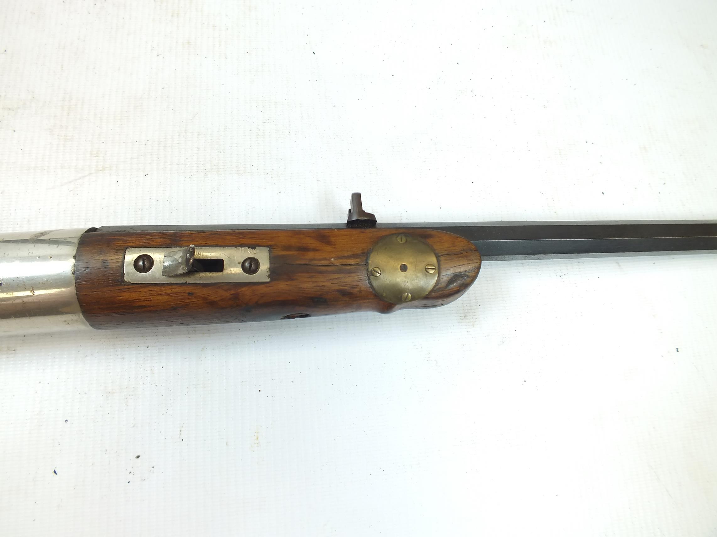 AN ORIGINAL TYPE .25 CALIBRE ANTIQUE AIR RIFLE, 20inch sighted ...