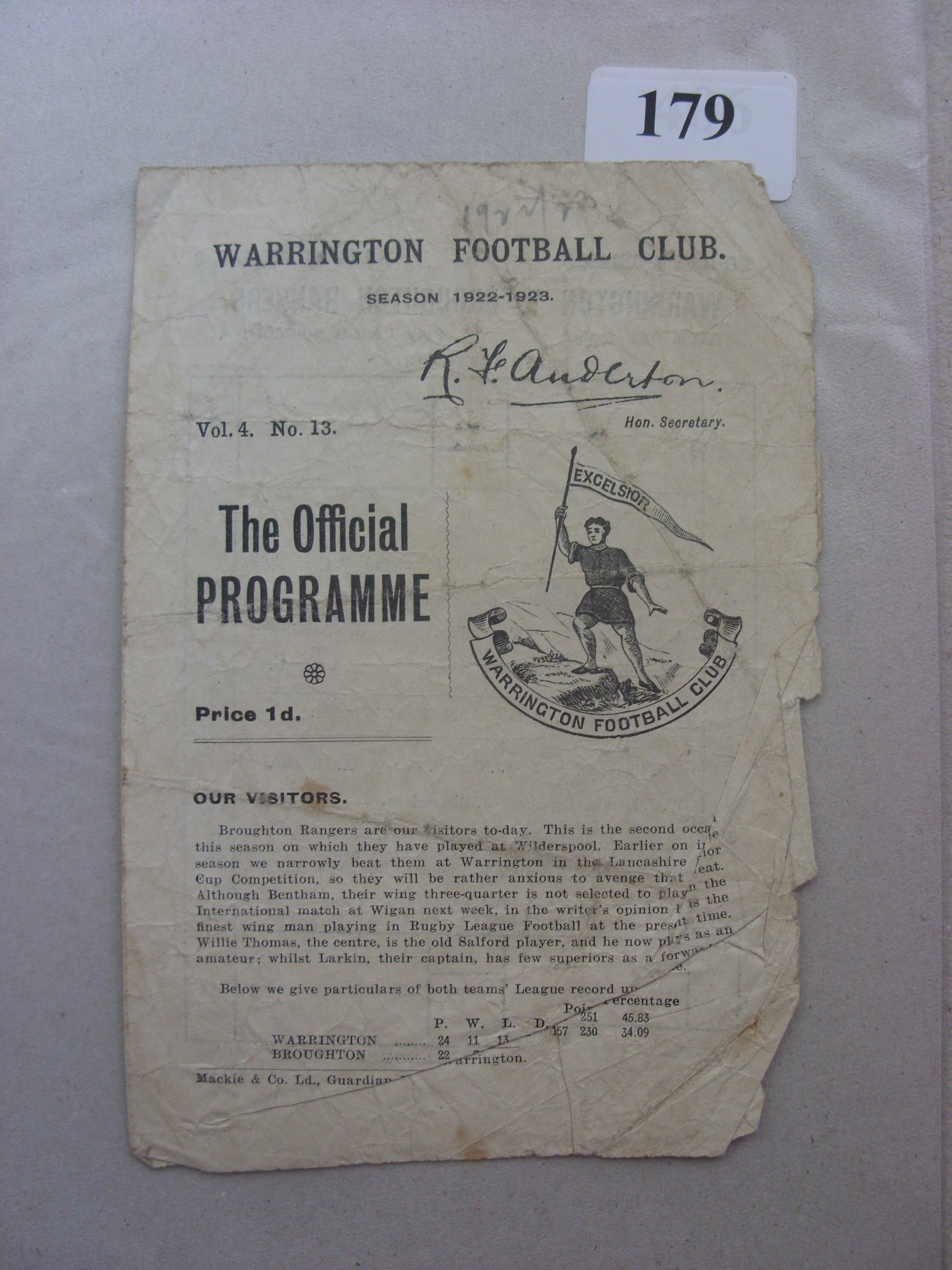 1922/23 Rugby League, Warrington v Broughton Rangers, a programme from ...