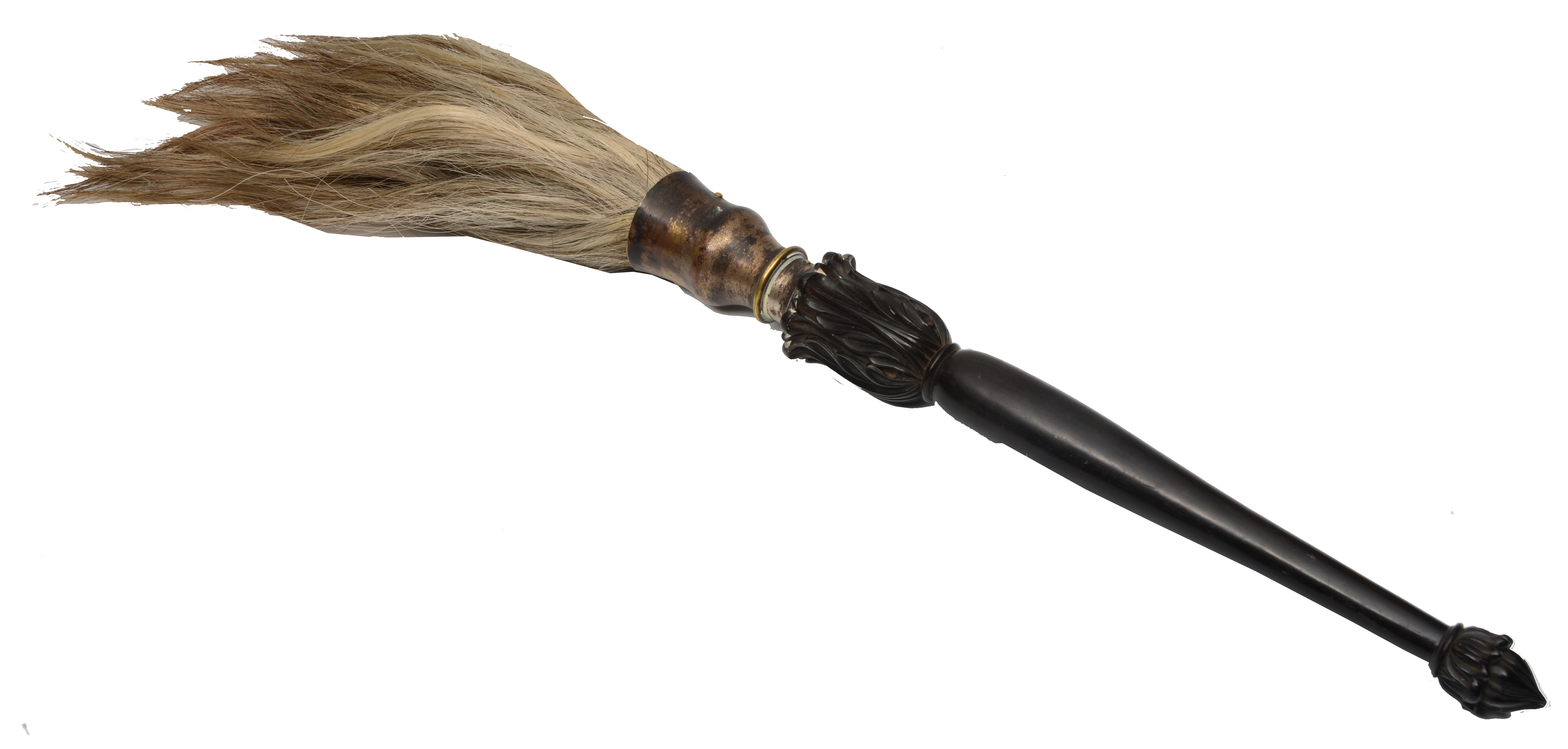 AN ANTIQUE INDIAN FLY WHISK with carved ebony handle, the remains of ...