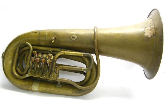 Late 19th century brass Bb bombardon, unstamped, with four rotary ...