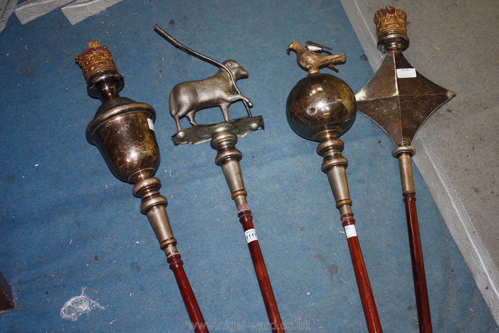 Four Victorian Ceremonial Scepters, two surmounted with a crown, one ...