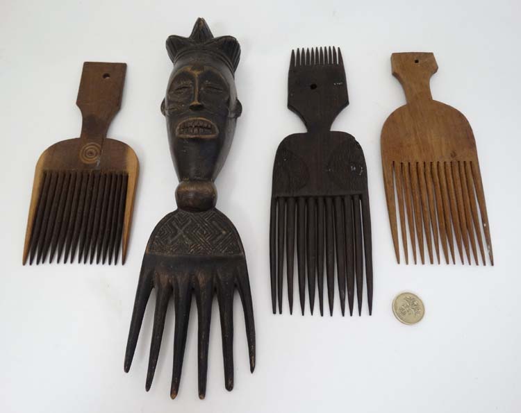 Ethnographic Native Tribal : four assorted carved wooden African combs ...