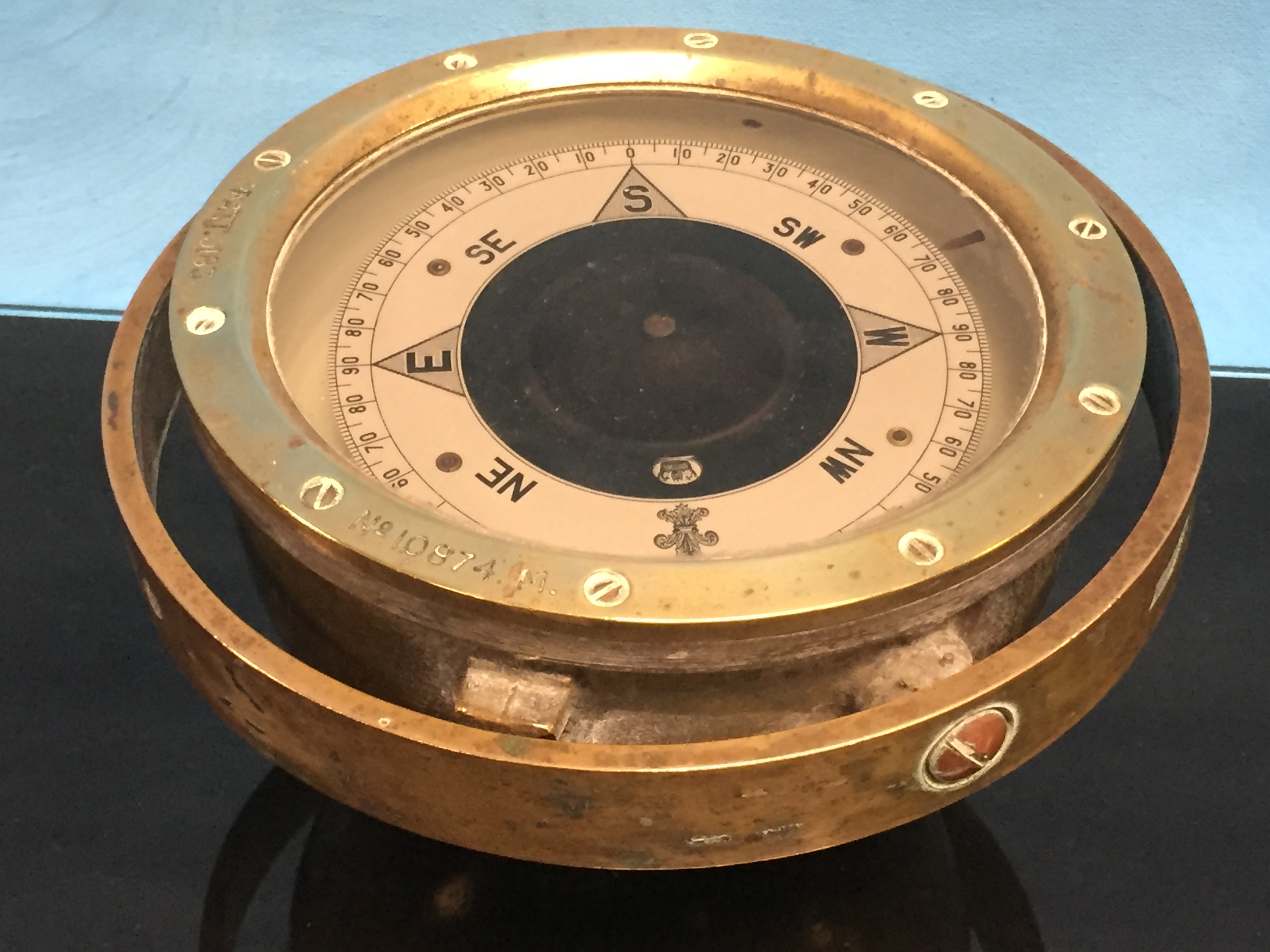 19TH CENTURY BRASS SHIPS COMPASS IN GIMBLE, STAMPED WITH PATT. 0183, NO ...