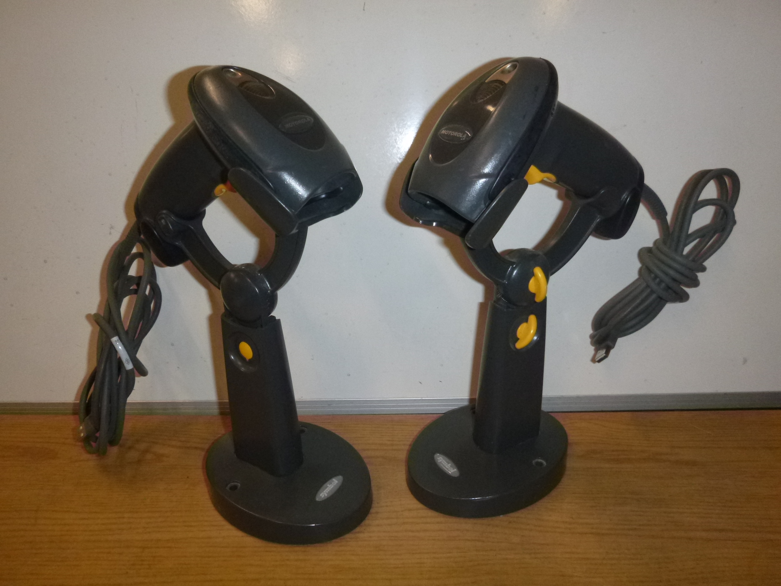 2 X MOTOROLA DS4208 USB HAND HELD BARCODE SCANNERS WITH STANDS. TESTED ...