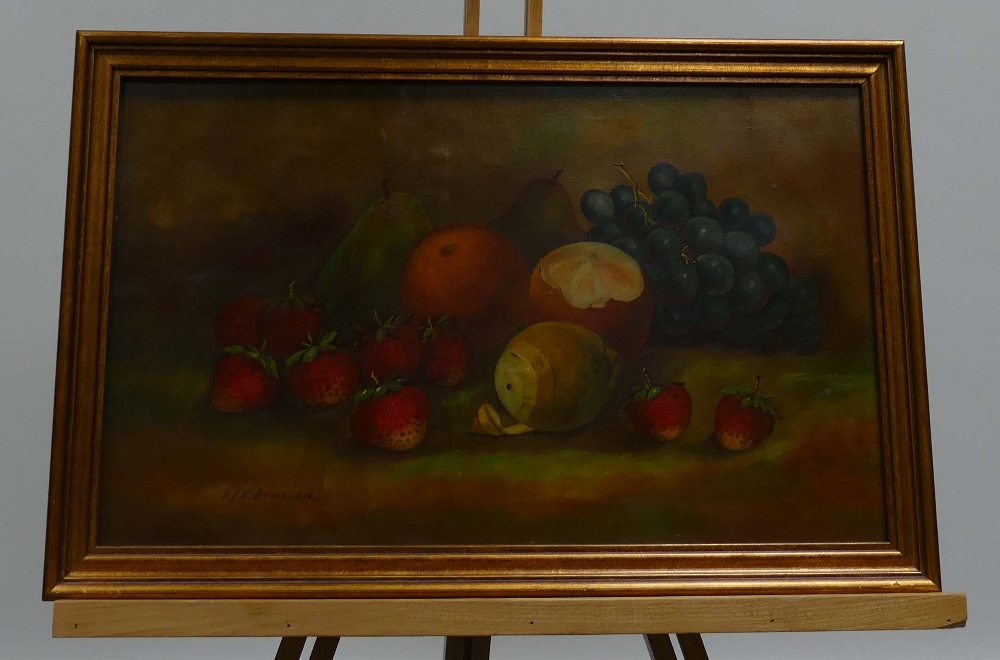 E Evans, oil painting on canvas of fruit signed and dated 1920, in gilt ...