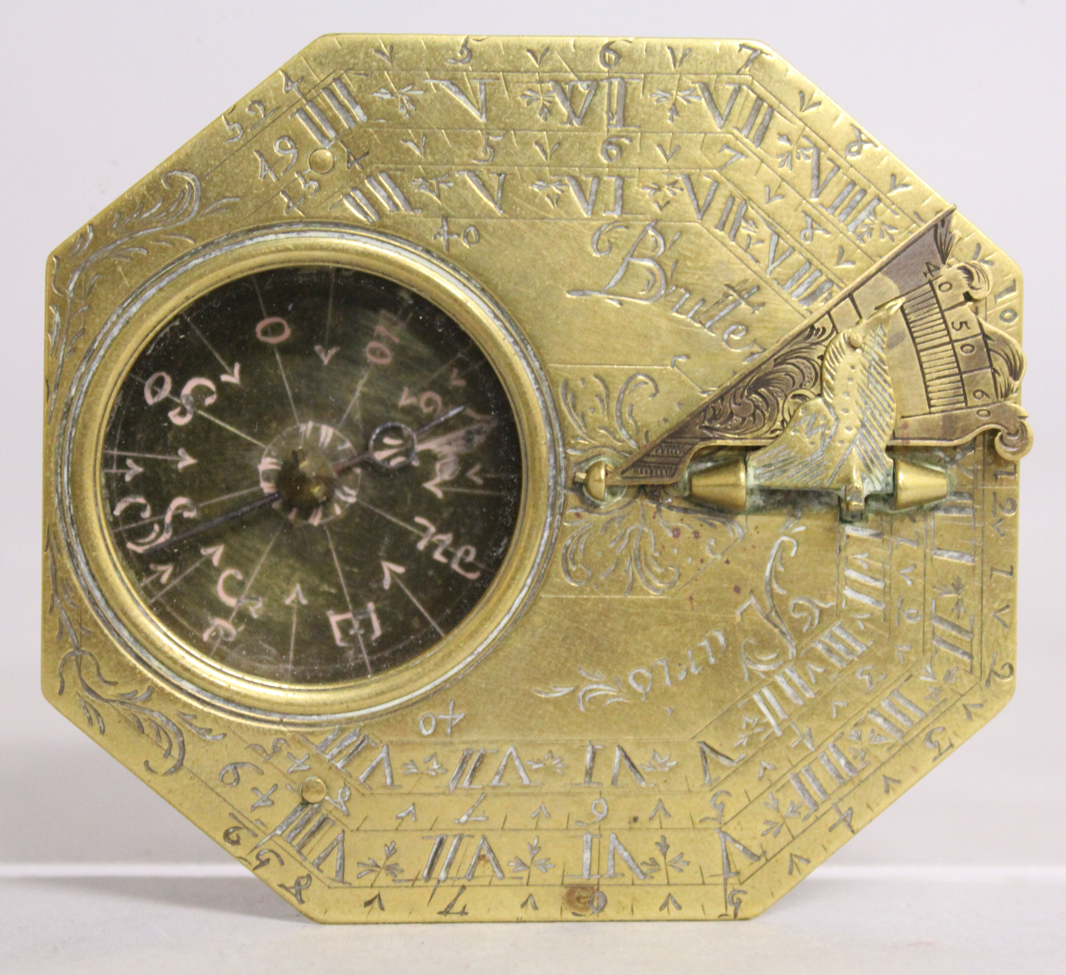 A RARE 17TH CENTURY BRASS POCKET SUNDIAL by MICHAEL BUTTERFIELD, LONDON ...