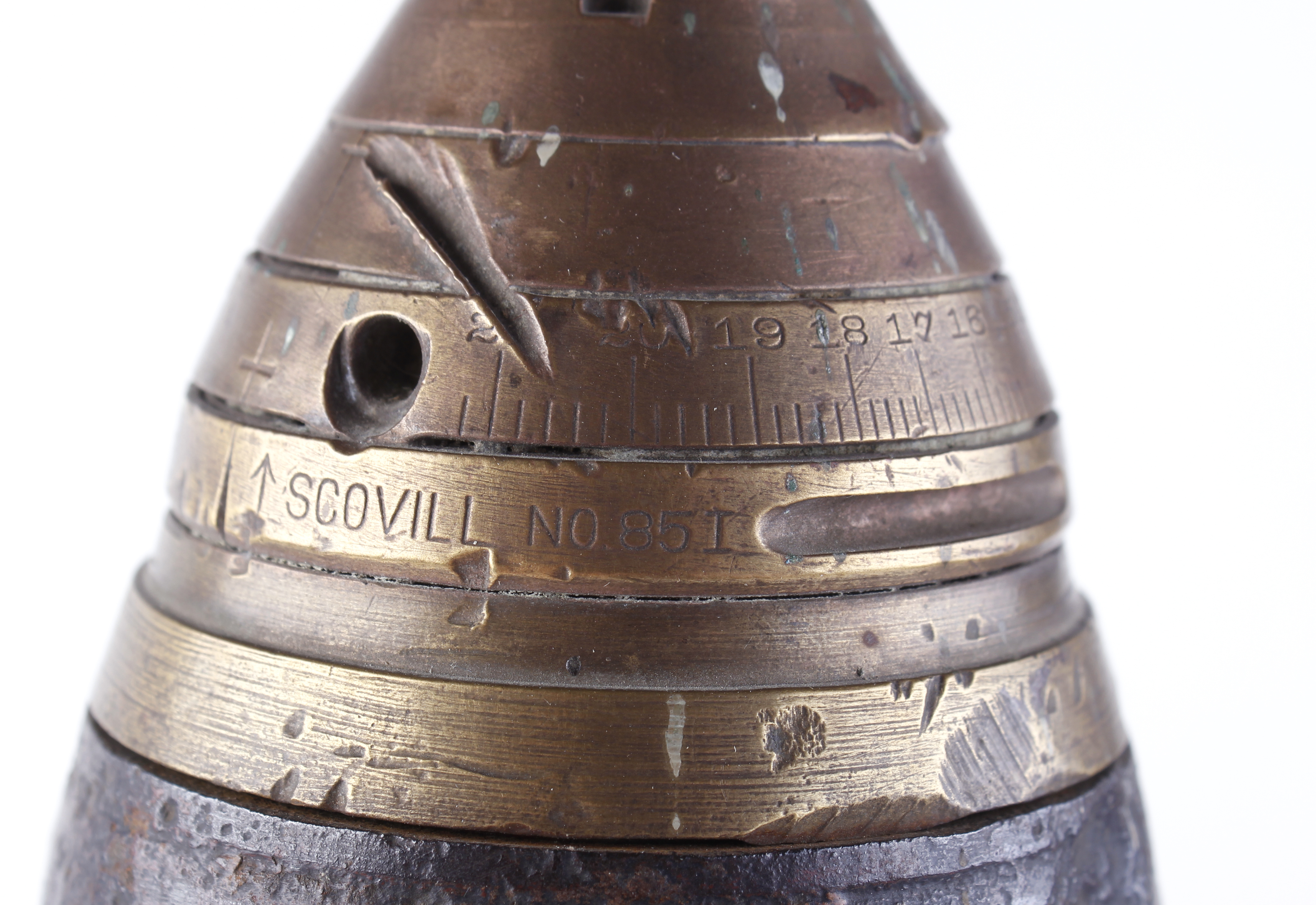 WWI 18pr shrapnell shell dated 1916 with timer, the base stamped LOT129 ...