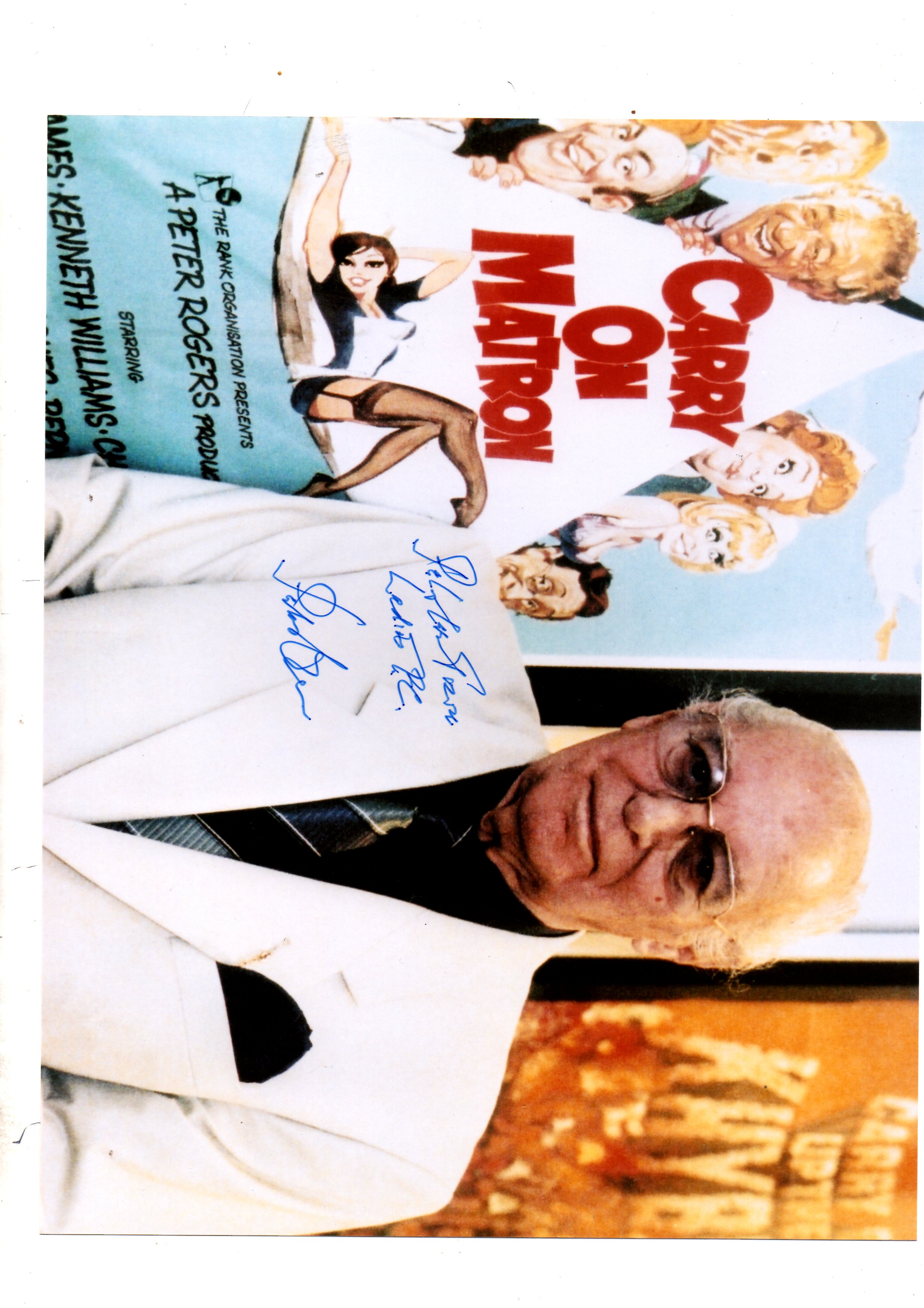 Peter Rogers, film producer in front on Carry On Film poster 10x 8 colour