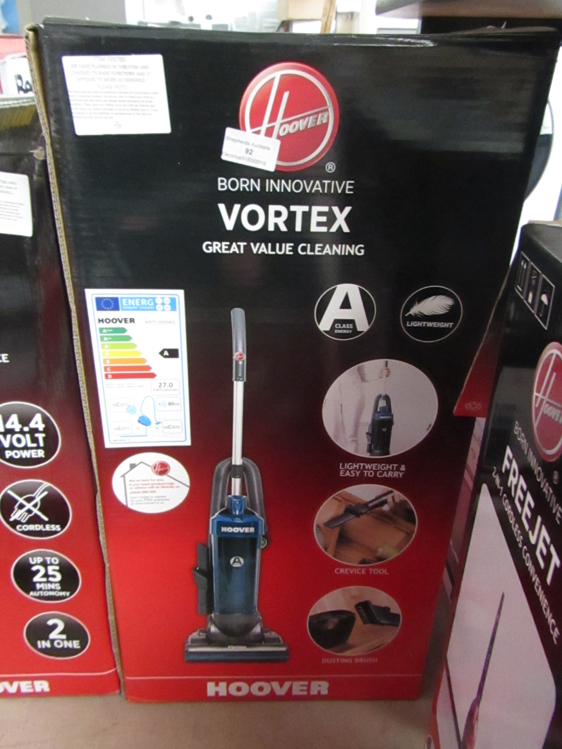 Hoover Vortex upright vacuum cleaner, tested working and boxed.