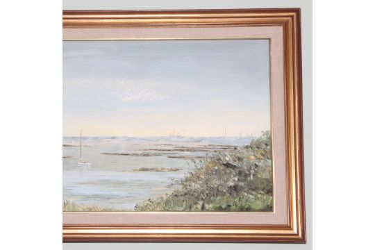 Rachel Long contemporary oil on canvas, boats moored at Lymington with ...