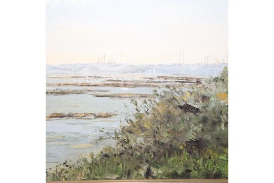 Rachel Long contemporary oil on canvas, boats moored at Lymington with ...