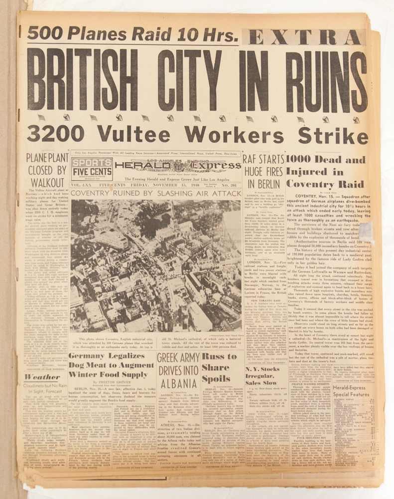 A collection of original period newspapers about the Coventry Blitz to ...