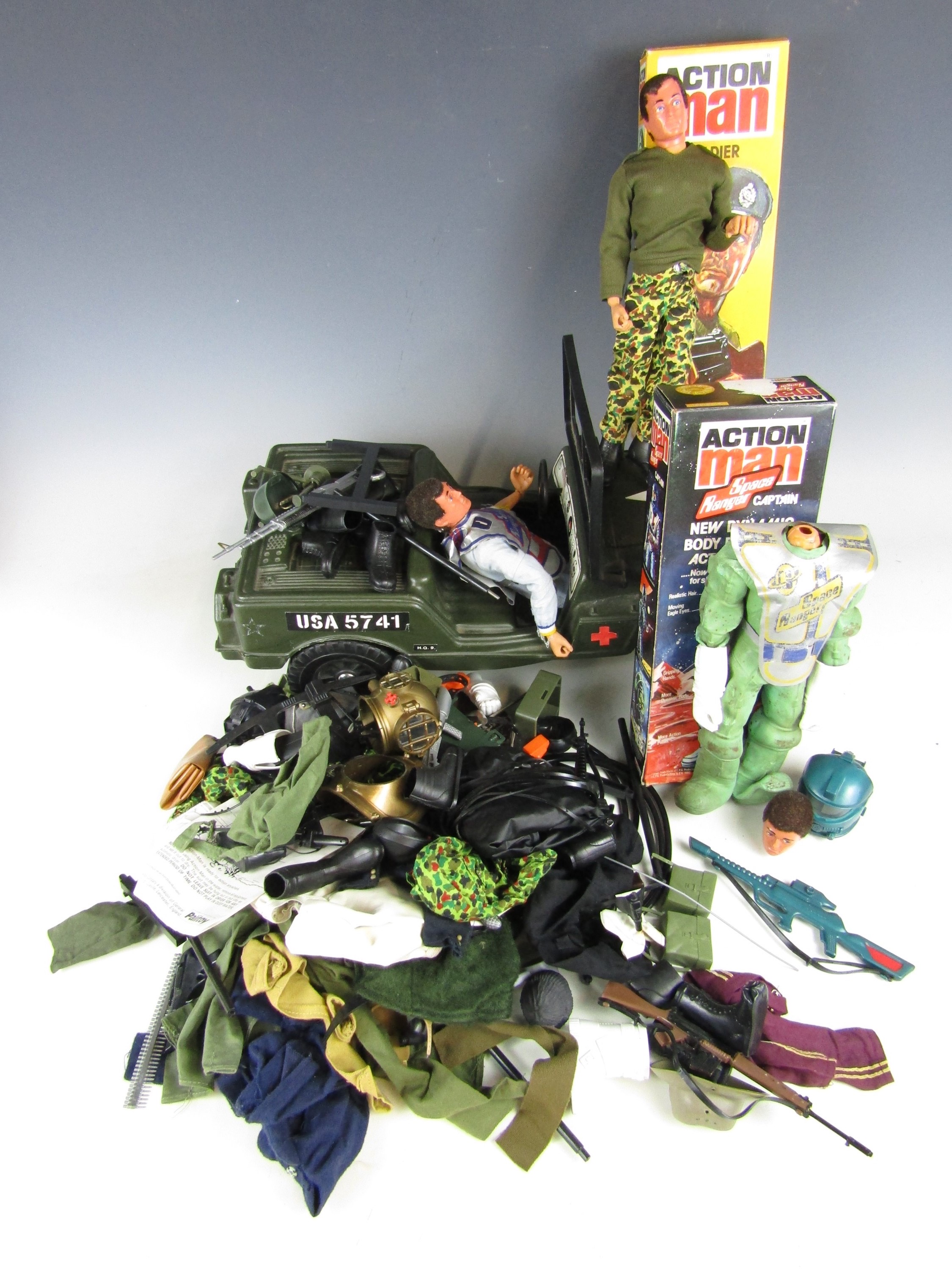 A quantity of vintage Action man figures and accessories