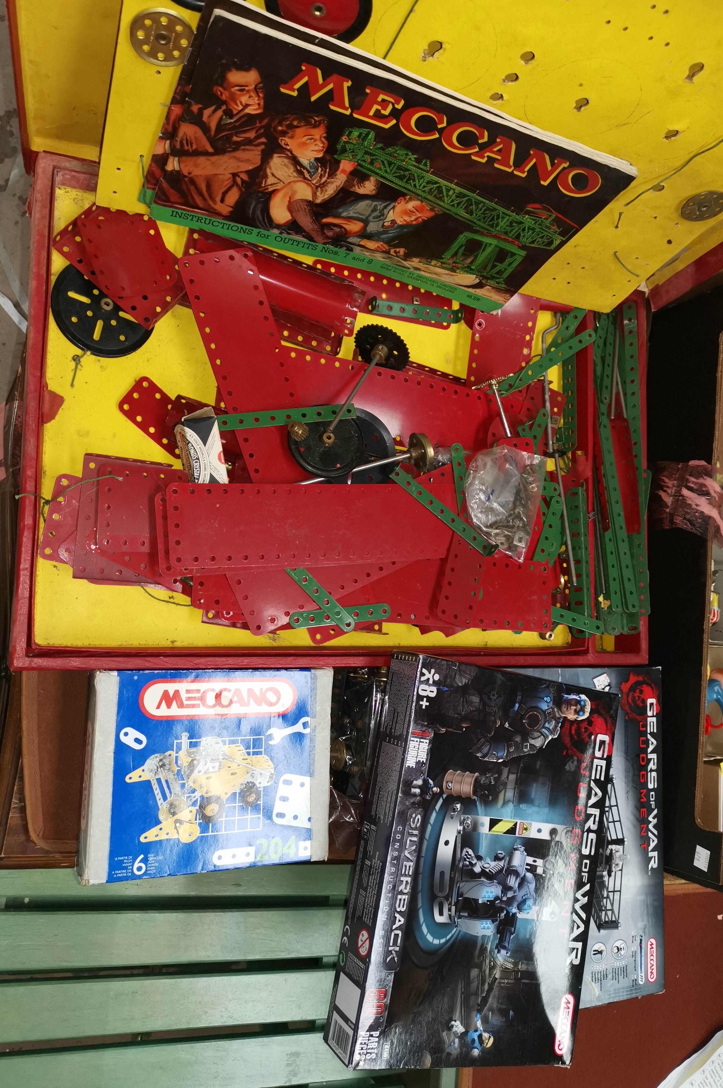 A selection of vintage Meccano with motor and Meccano game; 2 boxes of ...