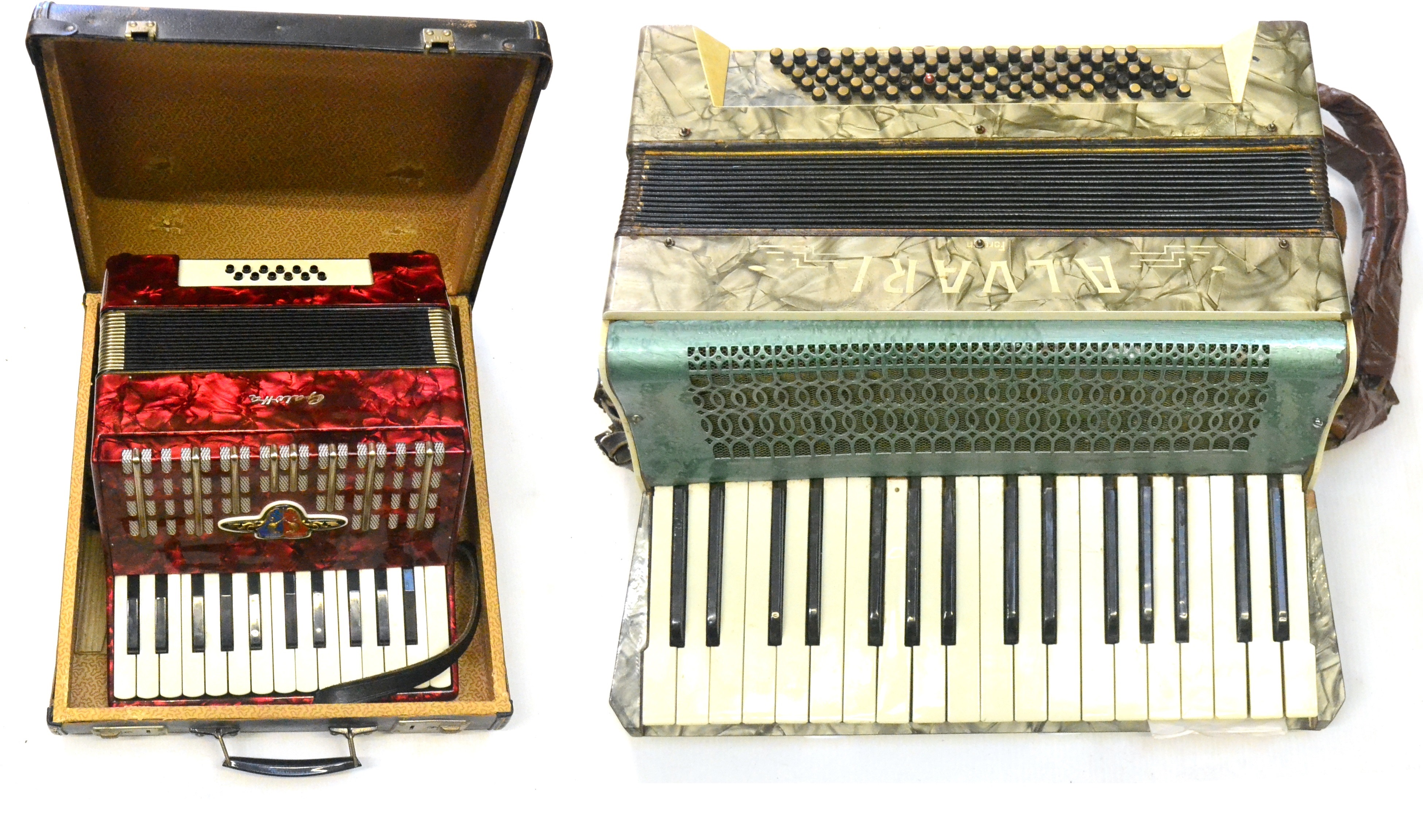 Two Piano Accordions - Alvari with green pearl finish and a cased ...