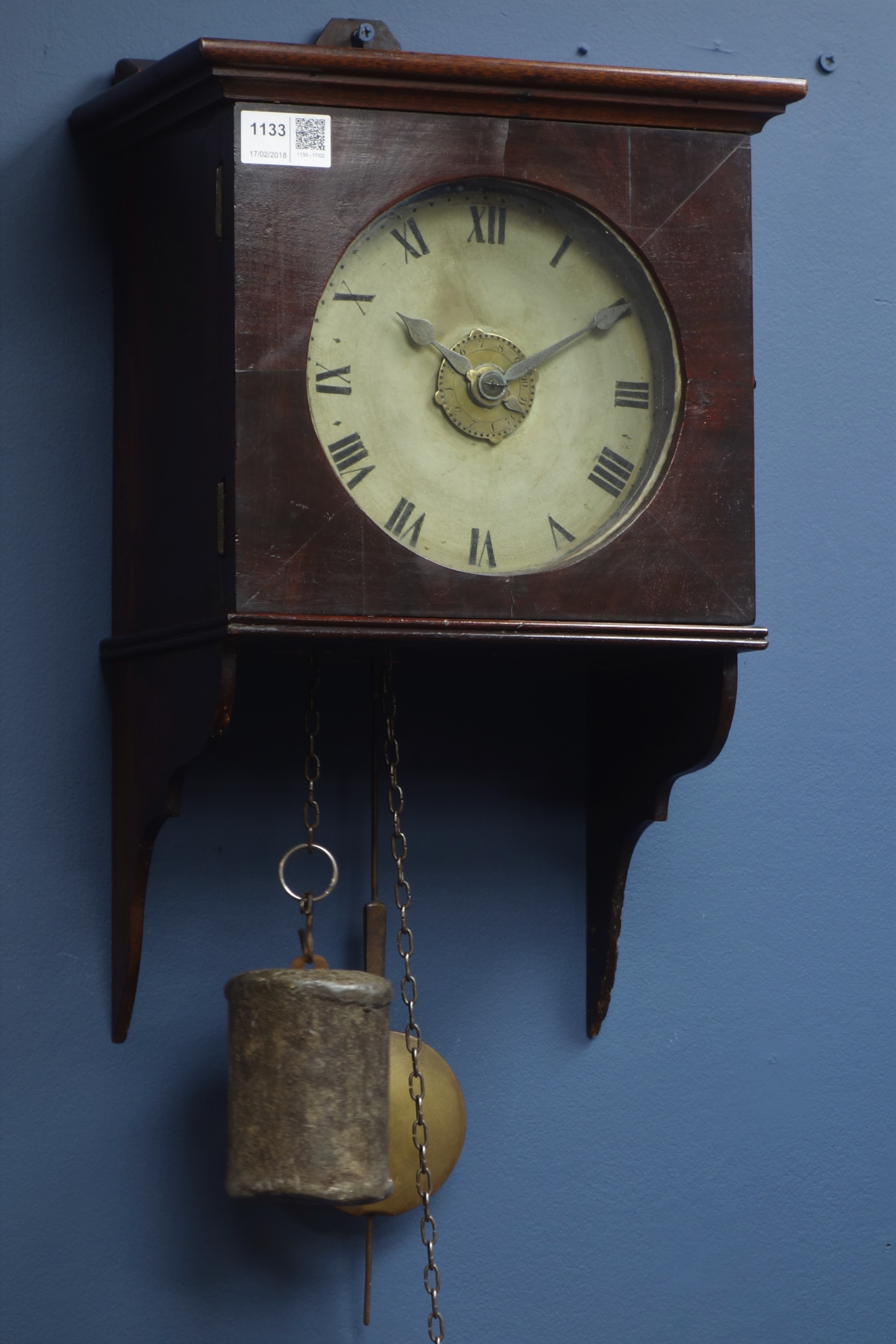 Georgian mahogany hooded wall postmans alarm clock, circular enamel ...