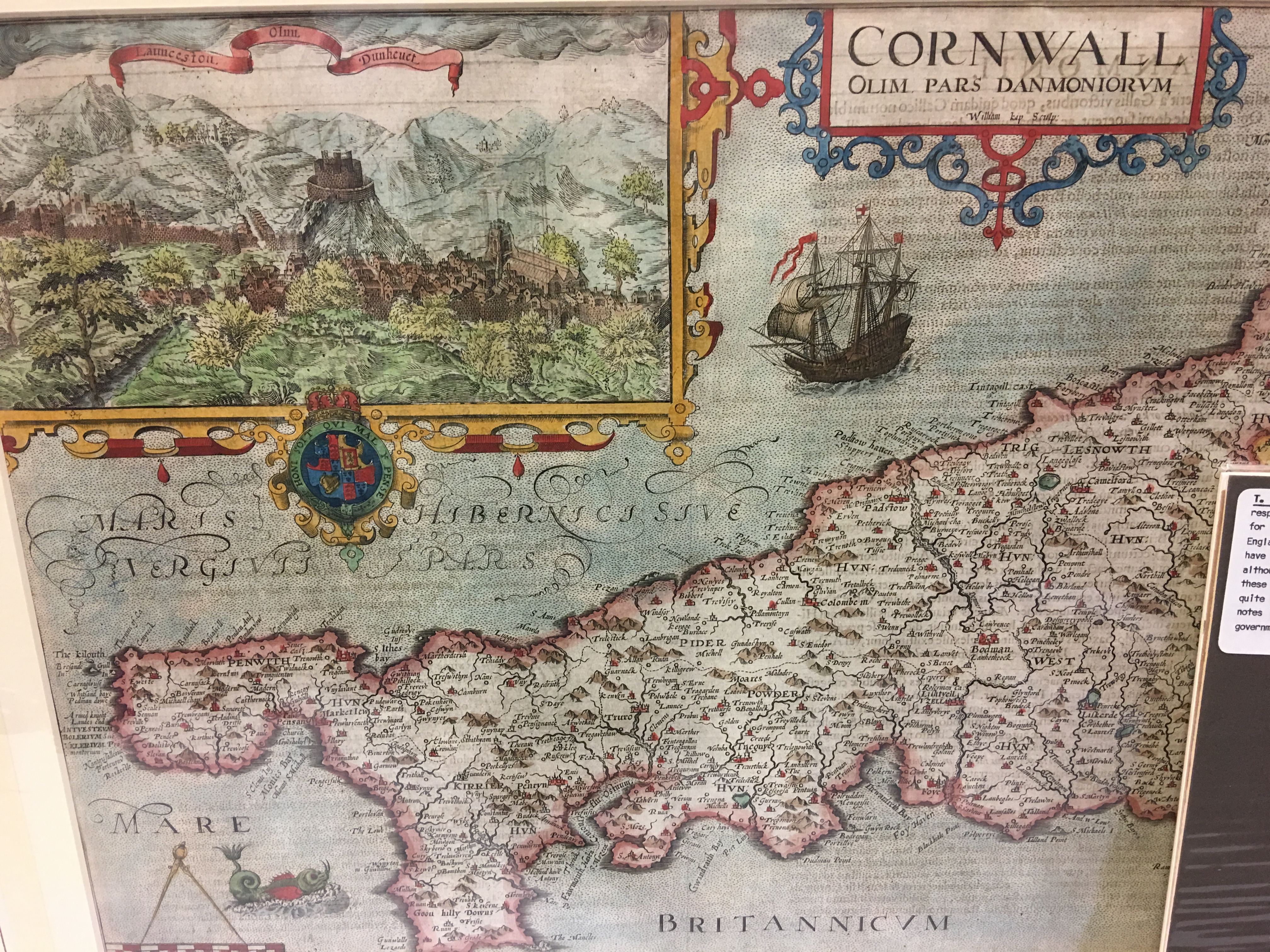 A 17th century coloured engraving map of Cornwall by William Kip ...