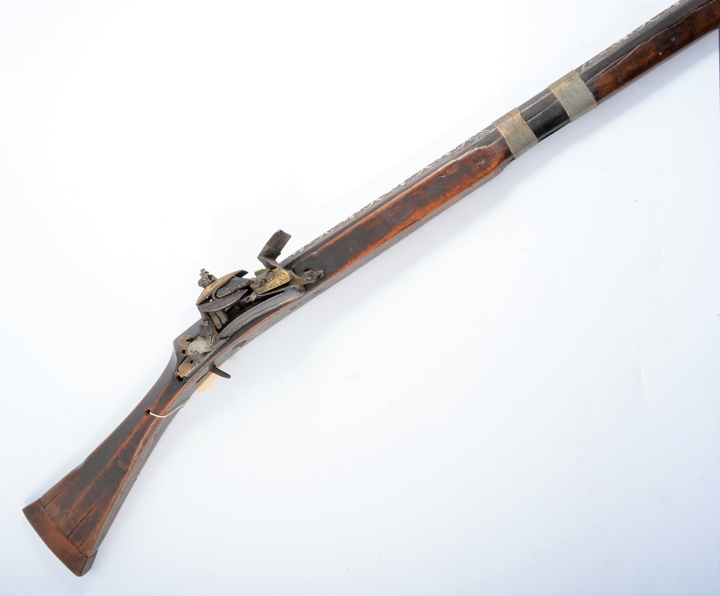 Antique Algerian Arab flintlock long gun, 118cm barrel the whole length ...