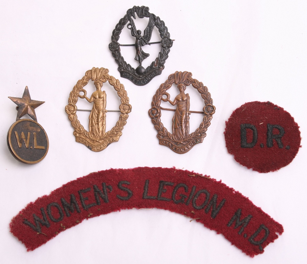 Women’s Legion Badges, consisting of gilt metal pin back badge, bronze ...