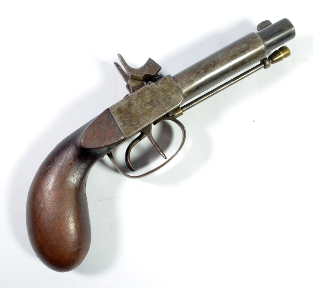 A small percussion cap double barrel pistol with plain silver lock and ...