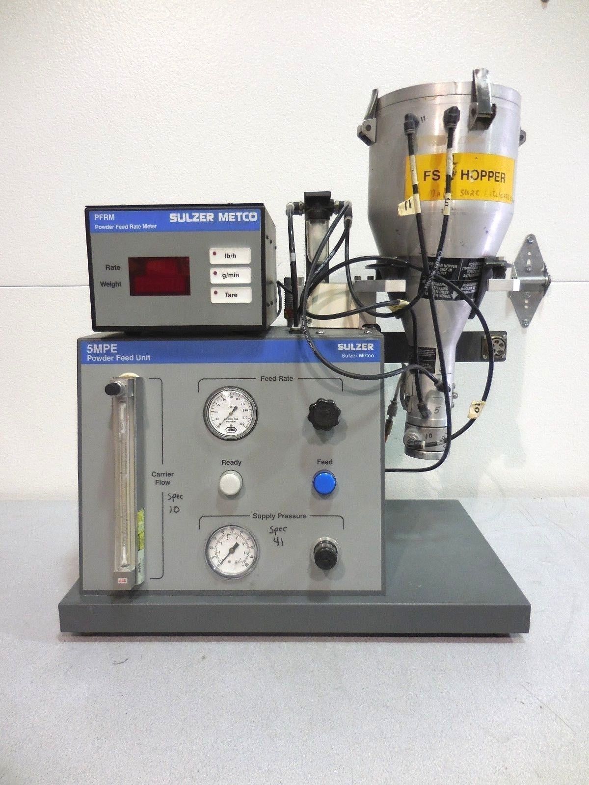 SULZER METCO 5MPE PLASMA POWDER FEEDER W/ PFRM POWDER METER & FS HOPPER