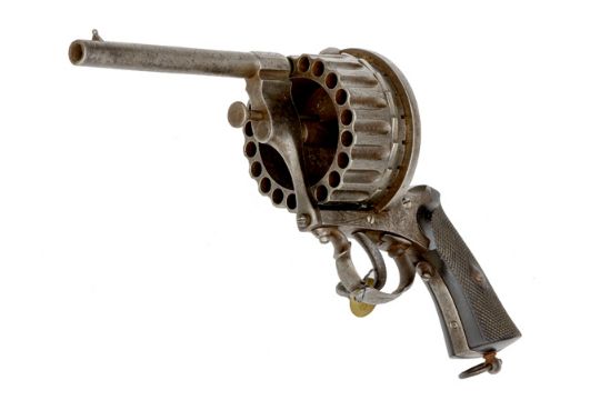 Belgian Twenty-Shot Pinfire Revolver .7mm caliber, 5" round barrel. The ...