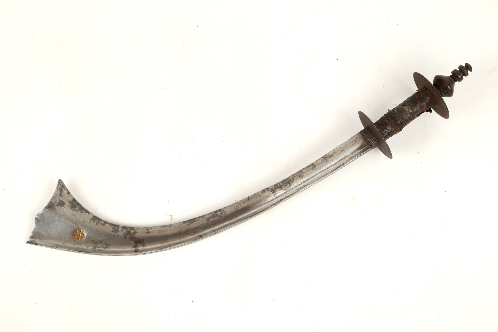 India / Nepal Kora 19th century sword, brass finial pommel, steel disc ...