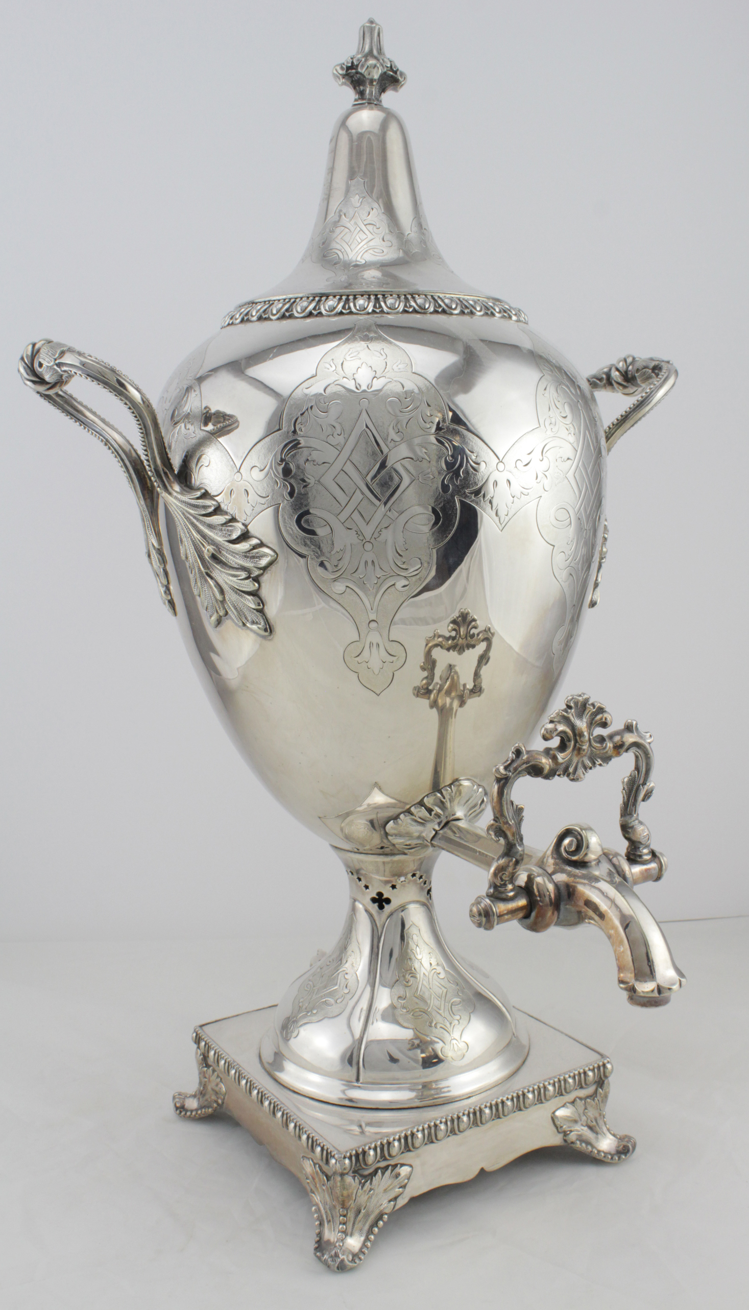 Victorian silver plated twin-handled tea urn. Approx 45cm tall