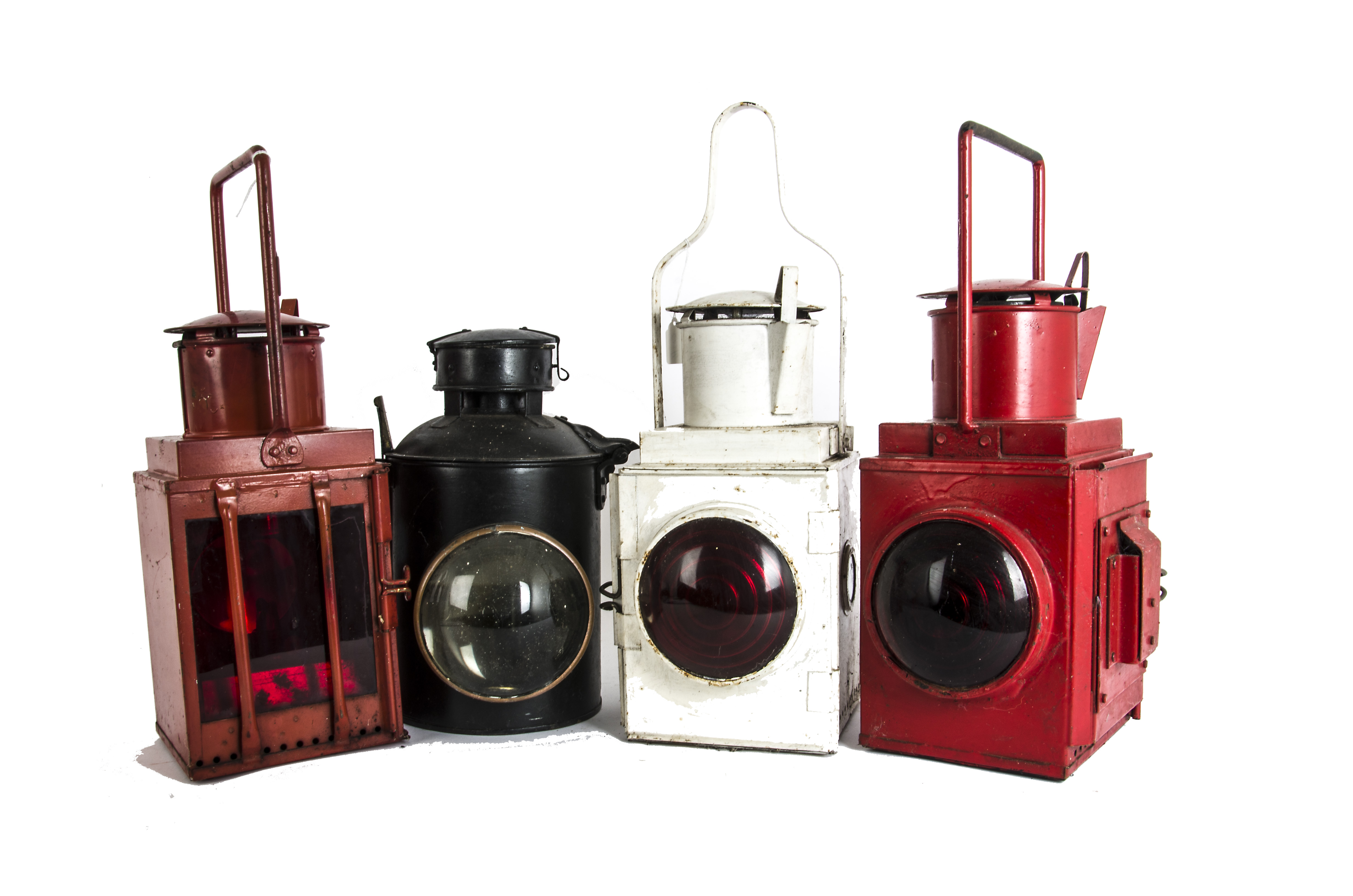 Vintage Railway Lamps, a group of four including three of square form ...